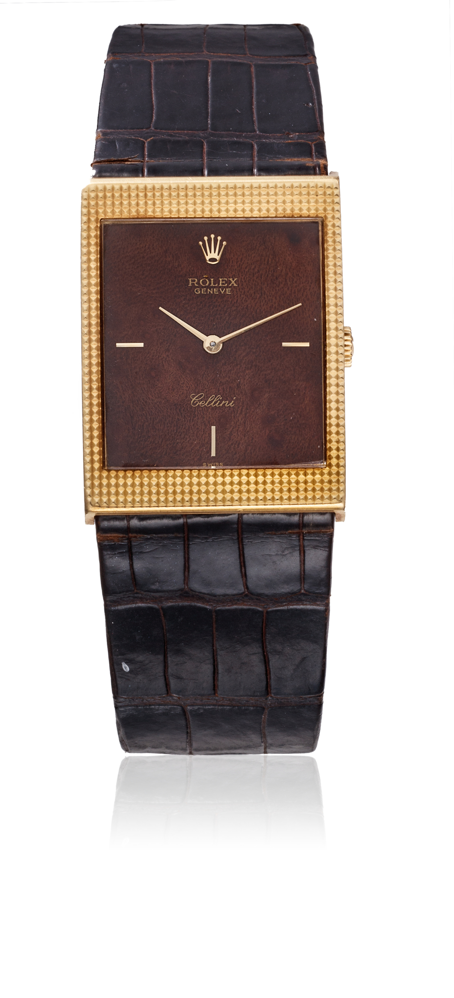 Rolex Ref. 4127, “Clous de Paris” hobnail bezel, wood dial; “Cellini ...